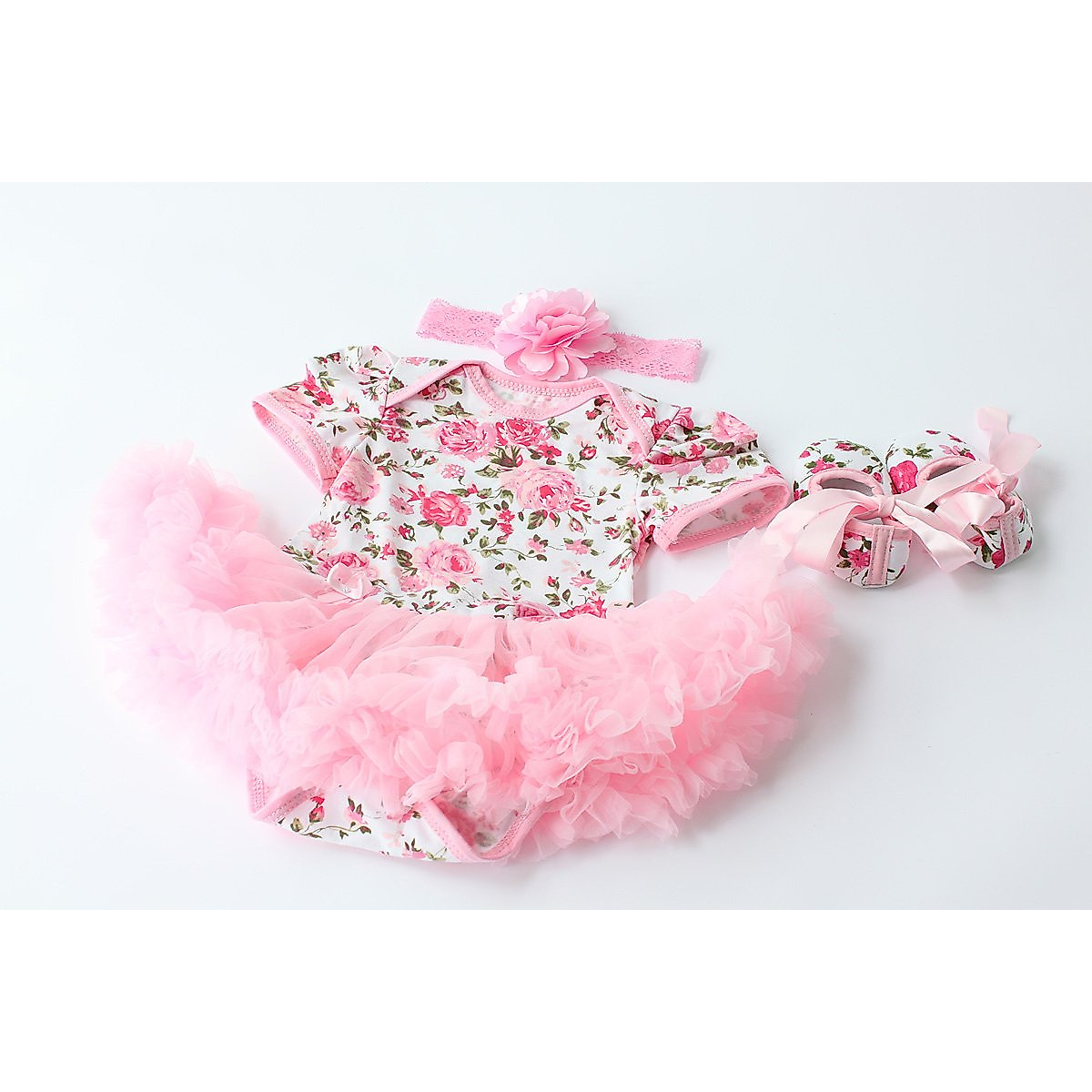 Baby Girls 3 Piece Sets Romper Dress Shoes and Headband Rose Flower Outfits Clothes Pink S:3-6Months