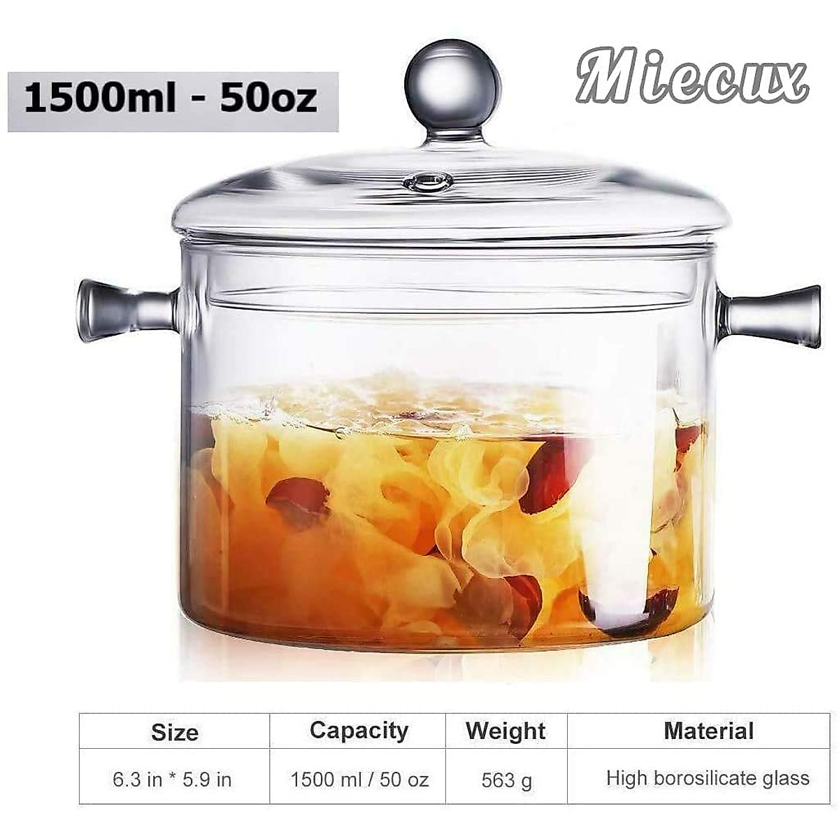 BUTIGE Glass Saucepan with Cover - 50oz Heat-Resistant Borosilicate Glass Handmade Cookware Set stovetop Pot - Safe for Pasta Noodle, Soup, Milk, Tea (1.5L)