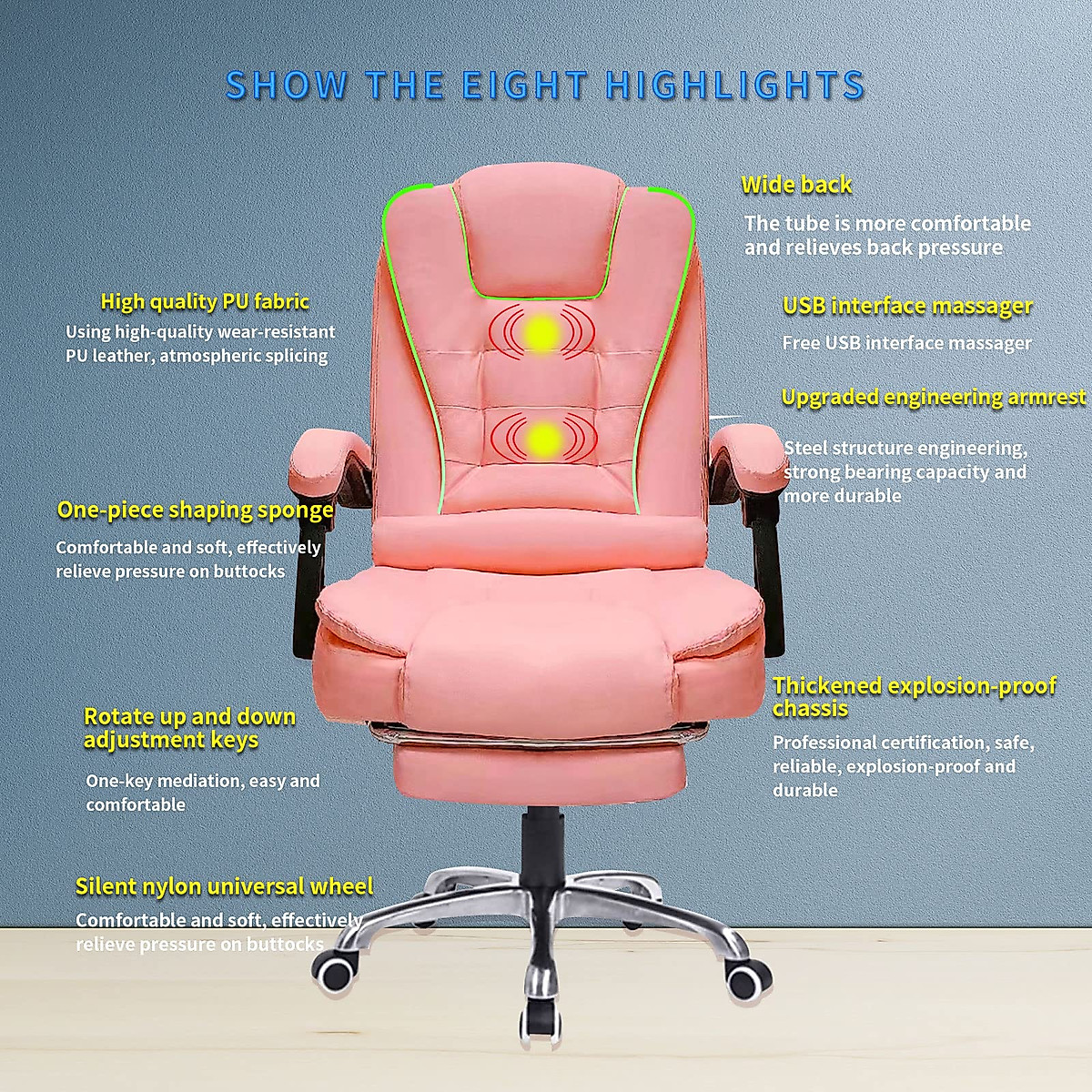 HQYXGS Massage Office Chair, Pink Gaming Chair for Adults Women Ergonomic Gaming Chair with Footrest Lumbar Support Pu Leather High Back Computer Chair Adjustable Back Recline Swivel 360°