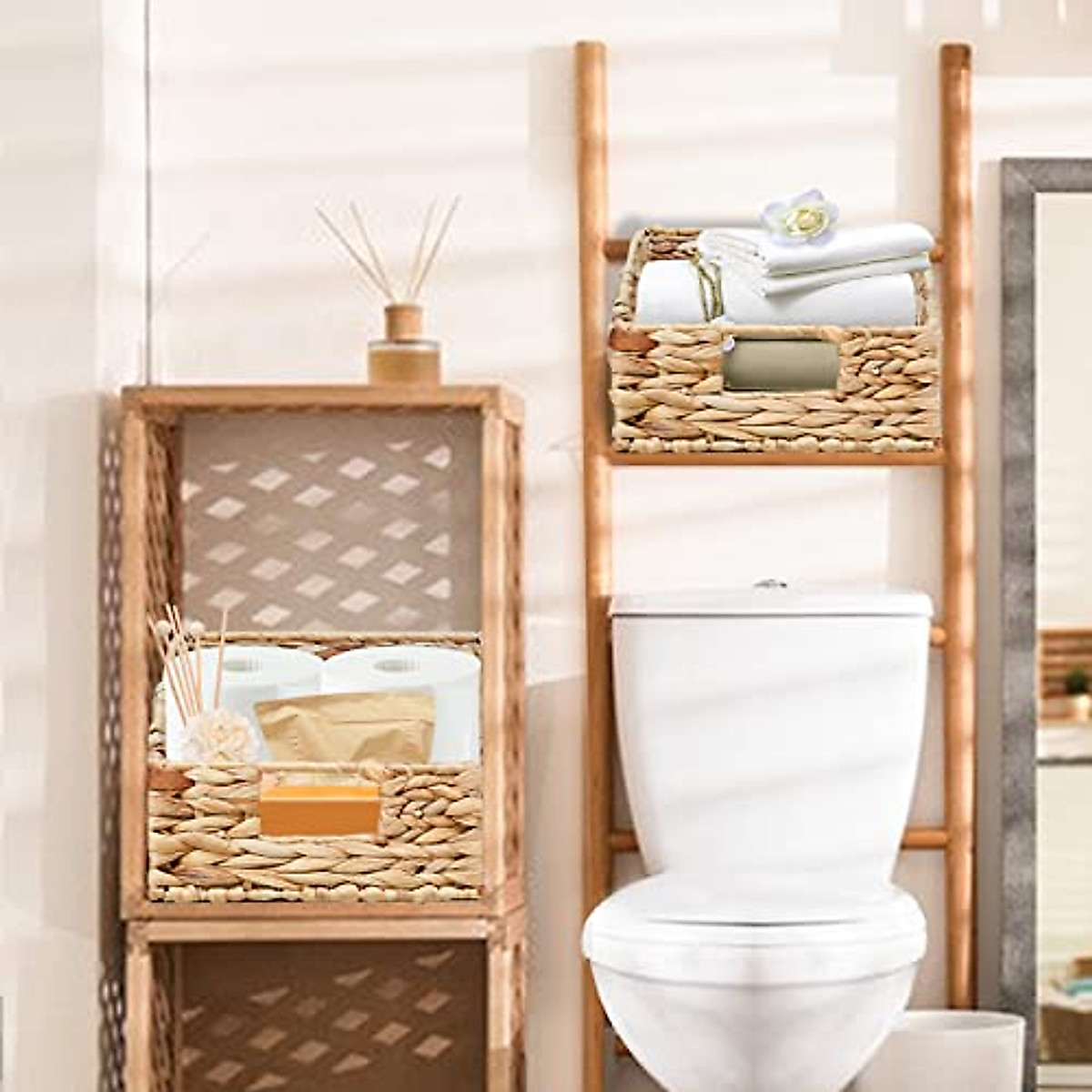 OUTBROS Water Hyacinth Wicker Storage Baskets, Hand-Woven Baskets with Handles, Nesting Wicker Basket Sets, Waterproof Woven Storage Baskets for Shelves, 3-Pack