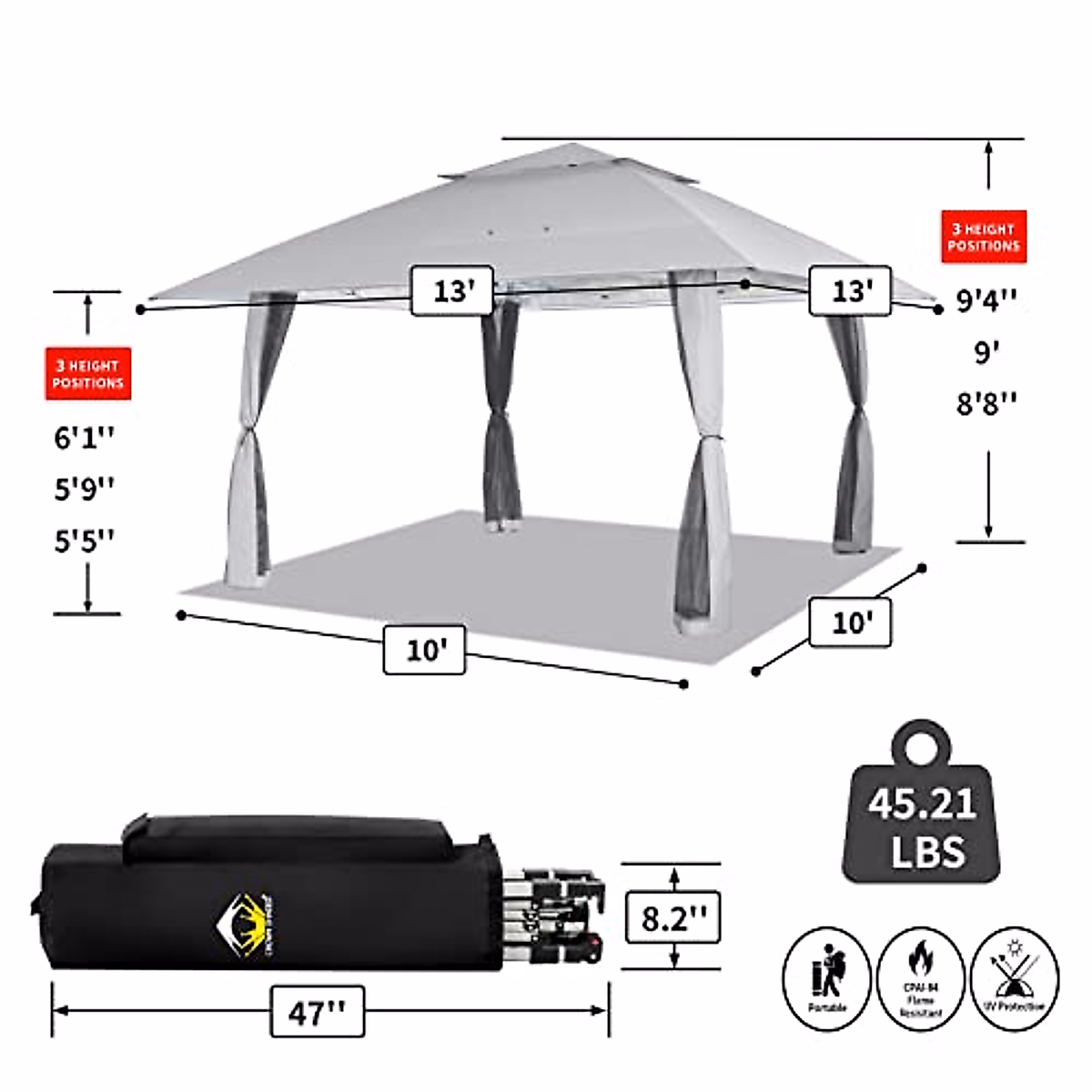 CROWN SHADES 13X13 Outdoor Pop Up Gazebo Base 10X10 Patio Gazebos Patented Center Lock Quick Setup Newly Designed Storage Bag Instant Canopy Tent with Mosquito Nettings(13x13, Grey)