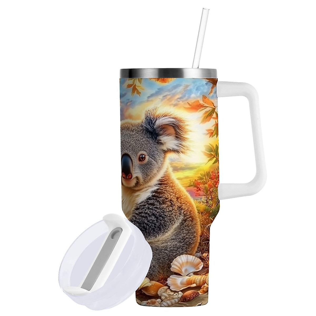 Slewiaeky Koala Spring Skinny 40 oz Tumbler with Handle Straw and Lid Beach Stainless Steel Vacuum Insulated Reusable Water Bottle Glasses Travel Mug Thermal Cup for Home Office Car