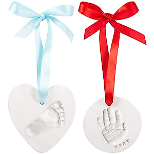 Baby Ornament Keepsake Kit (Circle & Heart) Clay Handprint and Footprint Casting for Newborn - Best New Mom Gift and Shower Gift - Hand Imprint Mold - Foot Impression for Girls & Boys Print - 2 Easels
