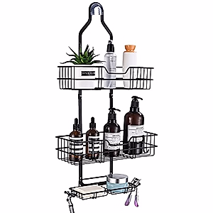 Hoomtaook Shower Caddy Over Shower Head Anti-Swing Shower Caddy Hanging Rustproof Shower Organizer, Shower Storage Rack with Hooks for Shampoo, Razor and Soap - Black