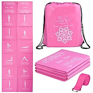 Foldable Yoga Mat for Women, Non Slip Exercise Mat for Home Gym, Travel Yoga Set With Stretch Strap for Yoga Pilates and Fitness, 68"L x 24"W x 5mm Thick (Pink)