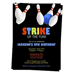 Bowling Birthday Party Invitations Bowling Alley Invites Strike Nightime Midnight Strike Ball Pins Bday Printed Customizable Personalized (12 Count)