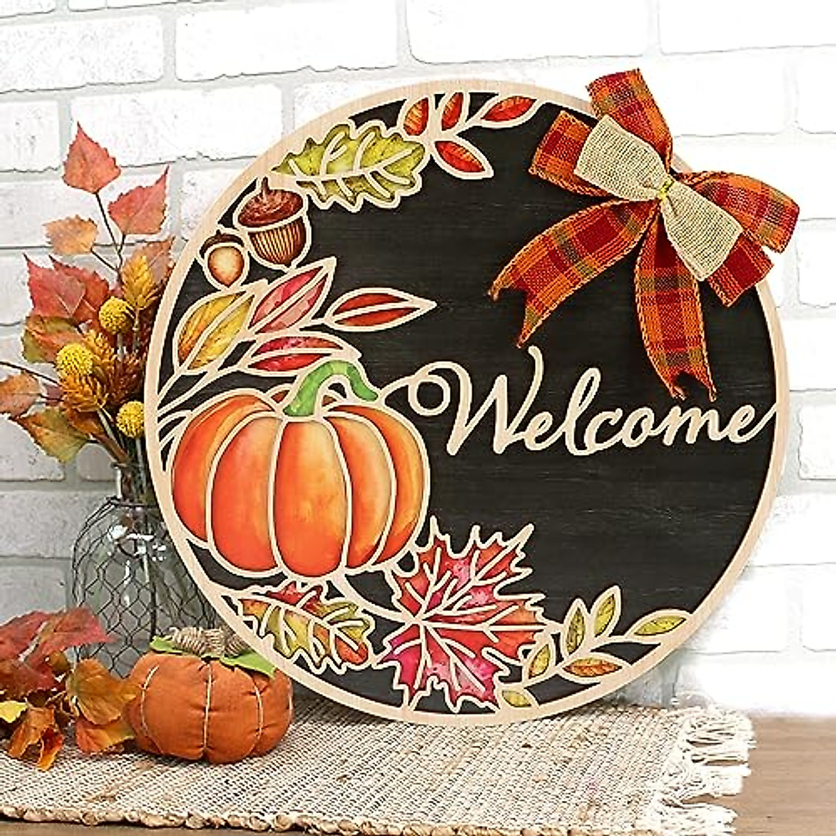 CHDITB Fall Decoration 3D Welcome Front Door Sign Home Decor(11.4”x11.4”), Pumpkin Welcome Sign with Maple Leaves Hazelnuts Plaid Bow, Thanksgiving Farmhouse Wreath for Front Door Porch Outdoor