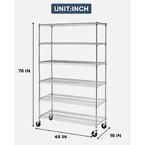 BestMassage with Wheels 6 Adjustable Heavy Duty Metal Shelves Storage Unit Shelf,6000 LBS 18x48x76, Chrome