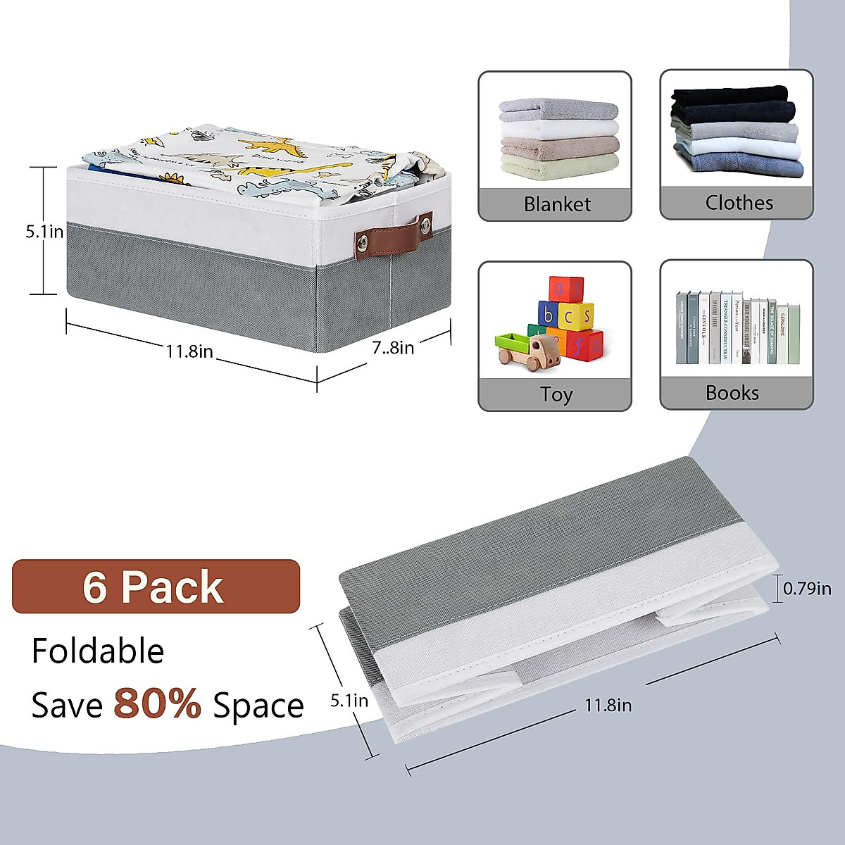 HNZIGE Fabric Storage Bins for Organizing Shelves,6 PCS Small Storage Bins with Handles, Foldable Closet Storage Bins for Organizer Home, Office(White&Gray,11.8 x 7.8 x 5.1)