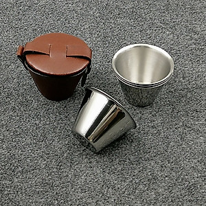 iSavage Shot Glasses with Brown-Red Leather Case 1.5oz Each Set of 4 18/8 Stainless Steel, 1pc Reusable Bag-YM205