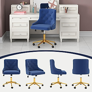 Westice Home Office Desk Chairs, Upholstered Velvet Swivel Desk Chair with Tufted Back, Gold Metal Base & Wheels, Height Adjustable Vanity Makeup Chair for Bedroom Living Room, Blue
