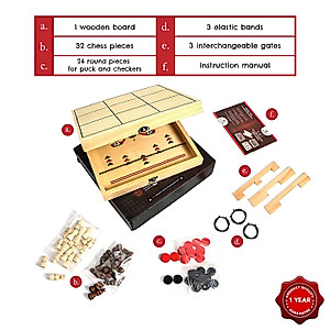 LARGE 4 in 1 Chess Board Set, Sling Puck Game, Checkers, Tic Tac Toe - Wooden Hockey, Table Games for Family Games, Kids, Adults - 59 pc. Set Super Board Games Fast Sling Hockey Table Game