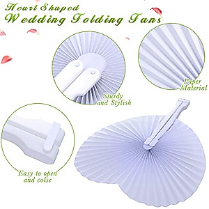 100 Packs Heart Shaped Wedding Folding Fans White Paper Fans Foldable Personalized Fan Decorative Blank Fan Round Handheld Fan with Plastic Fan Handles for Women Girls Guest Wedding Party Pocket Favor
