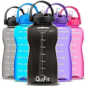 QuiFit Motivational Gallon Water Bottle - with Straw & Time Marker BPA Free 128/64 oz Large Water Jug Leak-Proof Durable for Fitness Outdoor Enthusiasts(Black, 64 oz)