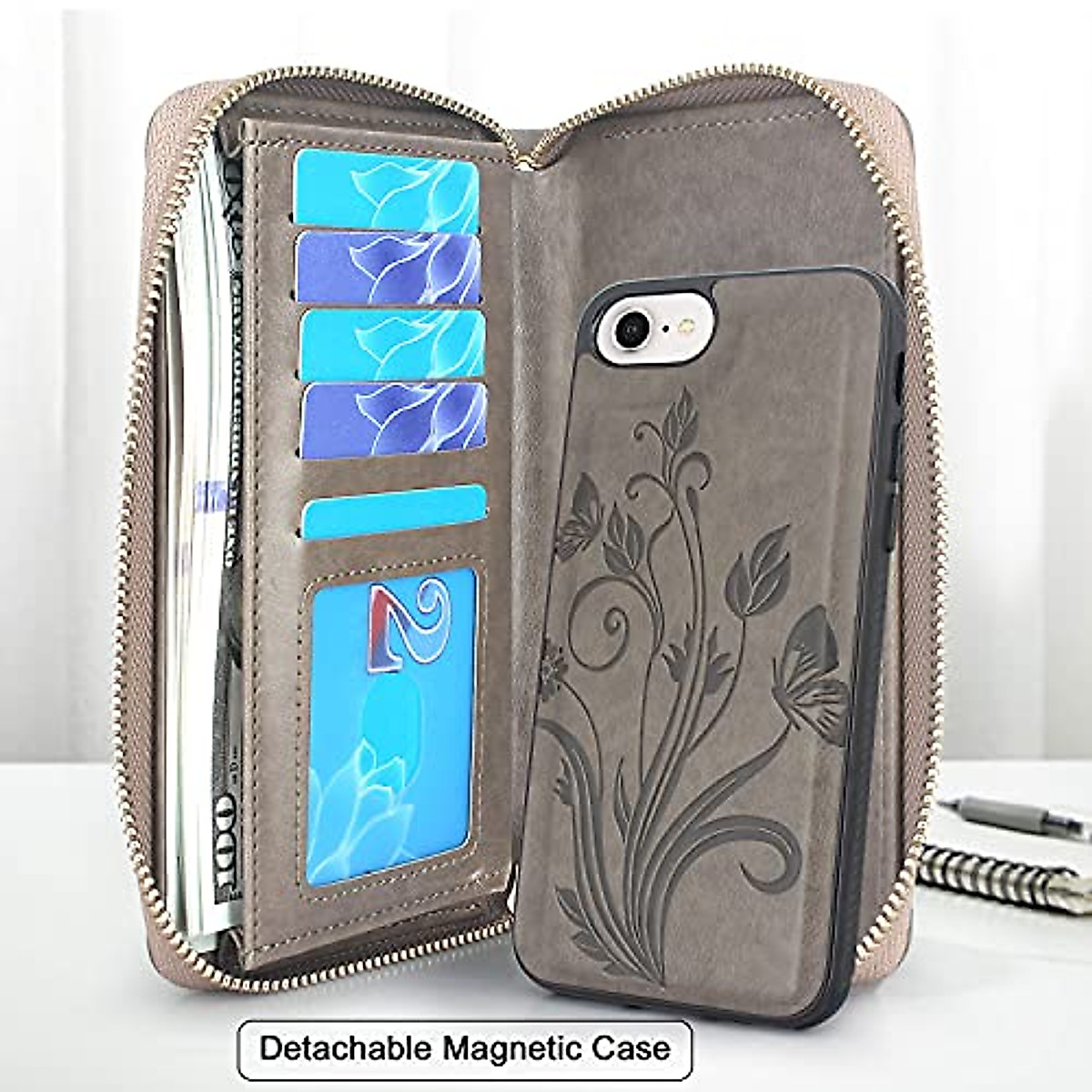 Lacass for iPhone SE 3rd gen/iPhone SE 2020/2022 /iPhone 6/6S/7/8 4.7 inch Crossbody Chain Dual Zipper Detachable Magnetic Leather Wallet Case Cover Wristlets Clutch Card Slot Money Pocket(Gray)