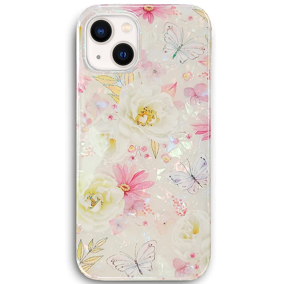J.west iPhone 13 Case 6.1 inch,Luxury Sparkle Glitter Translucent Soft Clear Colorful Opal Pearly Thinfoil Design Shiny Floral Print Silicone Cover for Women Girls Slim TPU Protective Phone Case