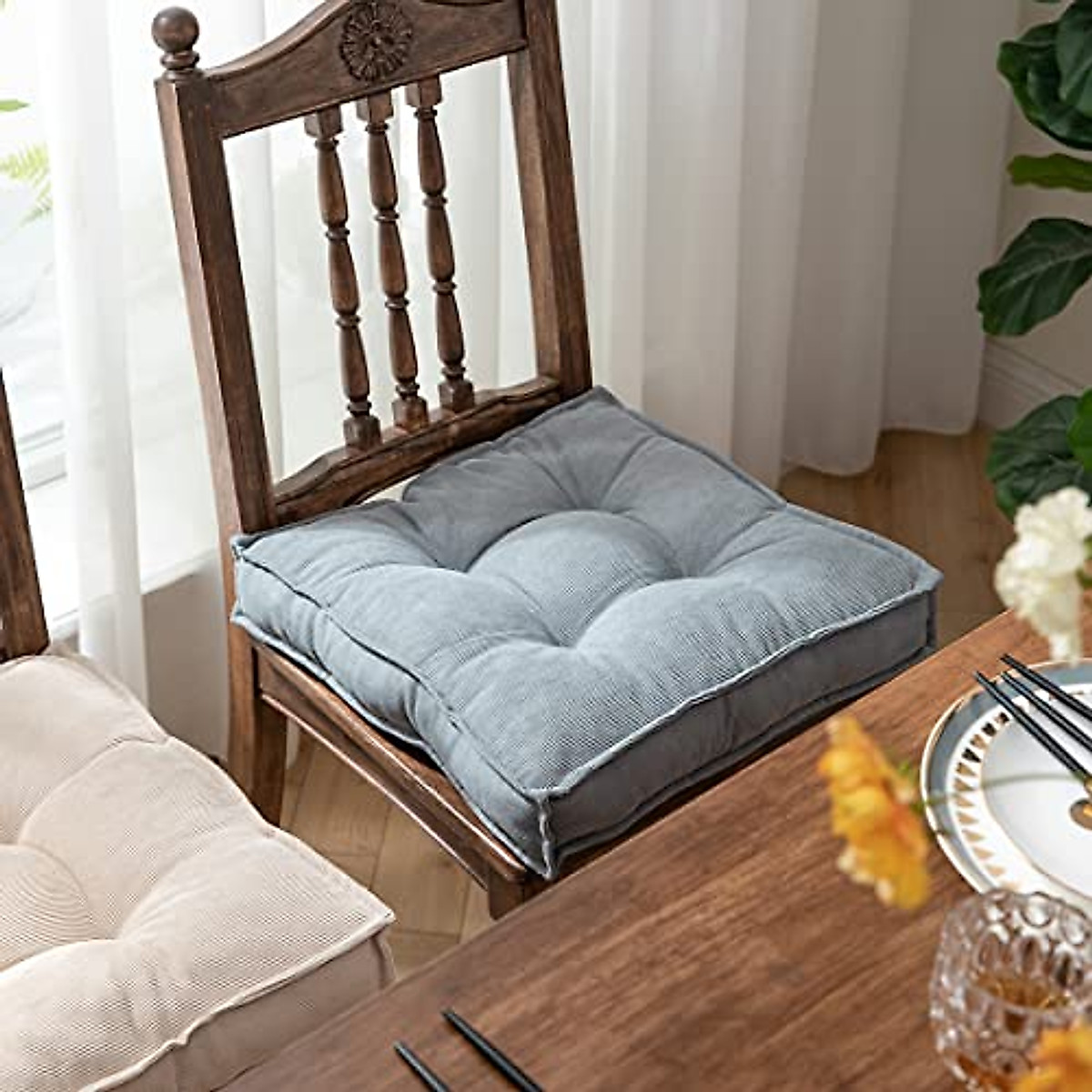 vctops Corduroy Striped Square Chair Cushion Pad Solid Tufted Seat Cushion Pads for Dining Chairs, Office Chairs, Car, Floor, Outdoor, Patio (Grey,18"x18"x3")