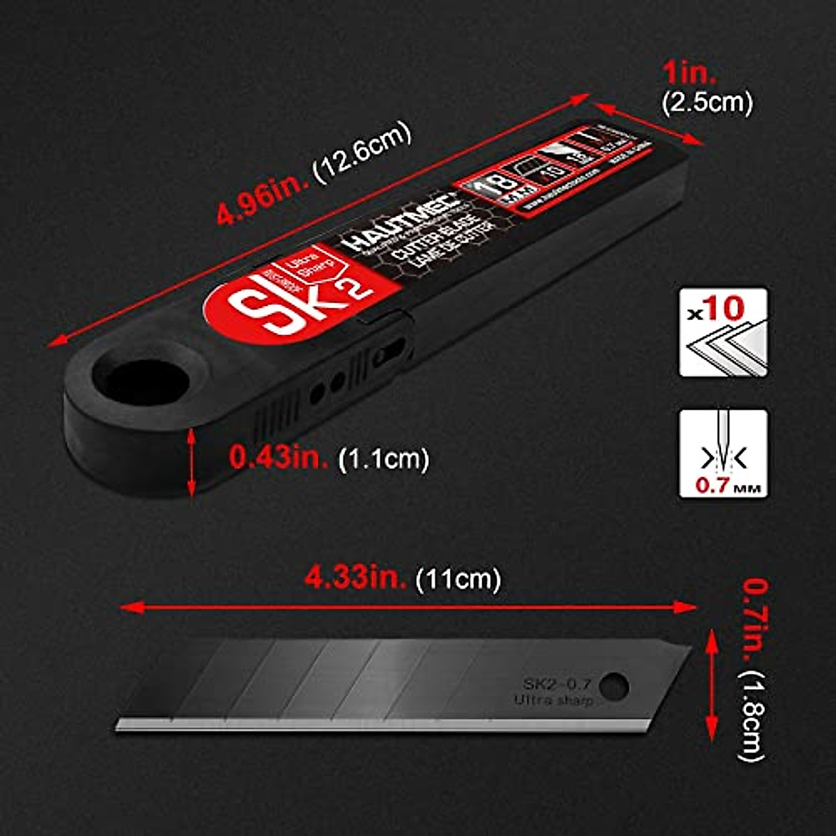 HAUTMEC 10PCS 18mm Triple Cutting-edge Snap Off Blades, Retractable Black Replacement Blades, SK2 Heavy Duty Utility Knife Blades, Strengthened Safety Box, for Box, Carpet, Rope HT0083-BL