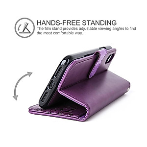 WaterFox iPhone XR Wallet Case with 4 Card Holder for Women, Detachable Cover Flip Folio PU Leather Wrist Strap Removable Magnetic Kickstand with Floral Flower Design for Girls - Purple