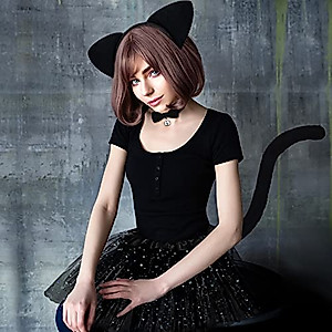 Hotop 4 Pcs Black Cat Costume Set Girls Cat Cosplay Costume Cat Ears Headband Tail Bowtie Black Tutu Skirt for Kitty Halloween Costume Dress up Party
