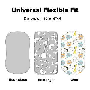 bimocosy Bassinet Sheet, 4 Pack Bassinet Sheets for Baby Boys, Soft Baby Bassinet Fitted Sheets Neutral for Standard Bassinet Mattress, Size 32 x 16 x 4 Inches, Stars/Woodland Animals/Grey/Light Green