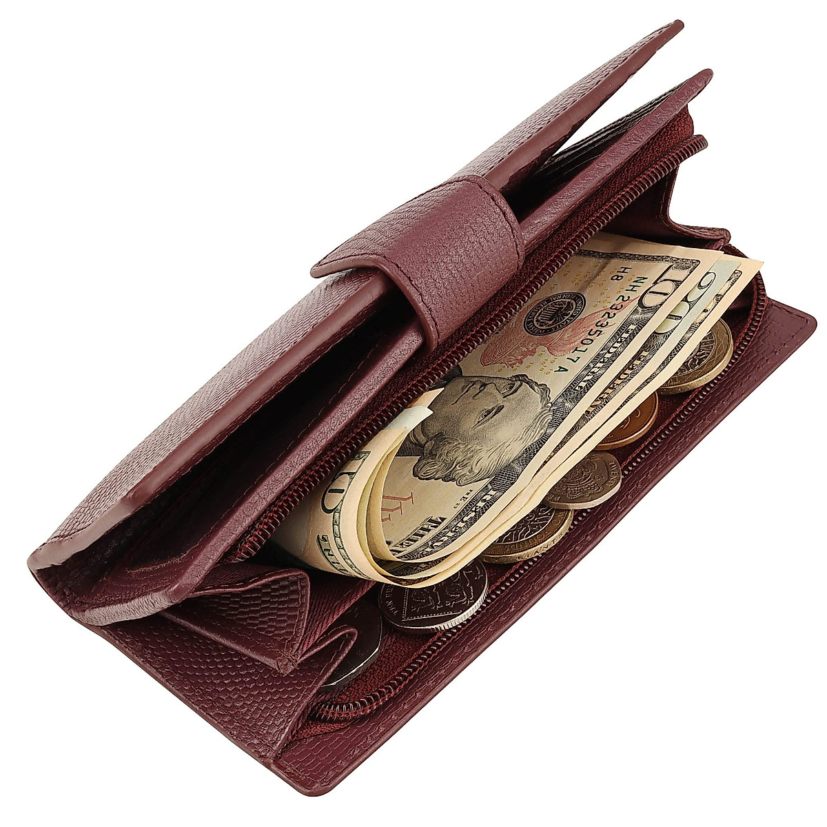 BOTANNER Genuine Leather Womens Clutch Wallet with Tab RFID Blocking 14 Credit Card Slots 2 ID Windows 4 Bill Sections Zipped Section for Coins | Oxblood (Gift for Her)