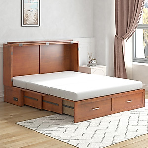 ijuicy Murphy Bed, Queen Size Cabinet Bed with Foldable Memory Foam Mattress & USB Charging Station & 2 Large Drawers for Guests Room/Bedroom-Reddish Brown