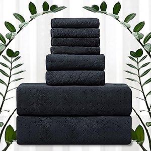Extra Large Bath Towel Sets of 8, 2 Large Bath Towels Oversized, 2 Hand Towels, 4 Washcloths, Soft Microfiber & Quick Dry & Highly Absorbent Bath Towels for Bathroom Kitchen Spa Hotel Gym Pet(Black)