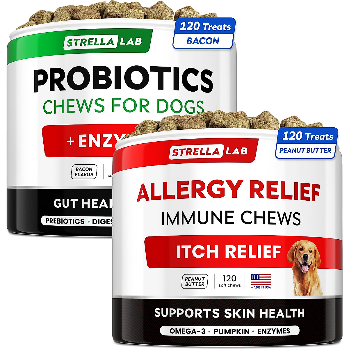 Allergy Relief + Probiotics Dogs Bundle - Itchy Skin Treatment + Digestive Enzymes - Omega 3 & Pumpkin + Prebiotics - Dogs Itching & Licking Treats + Improve Digestion - 240 Chews - Made in USA