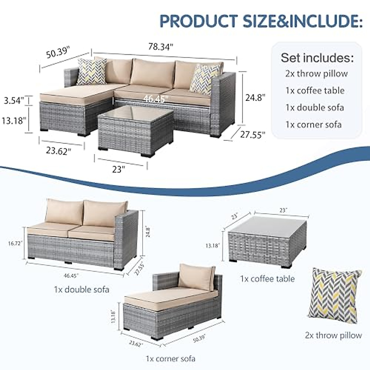 Shintenchi Patio Furniture Sets 3 Pieces Outdoor Sectional Sofa Silver All-Weather Rattan Wicker Sofa Small Patio Conversation Couch with Washable Cushion and Glass Table(Khaki)