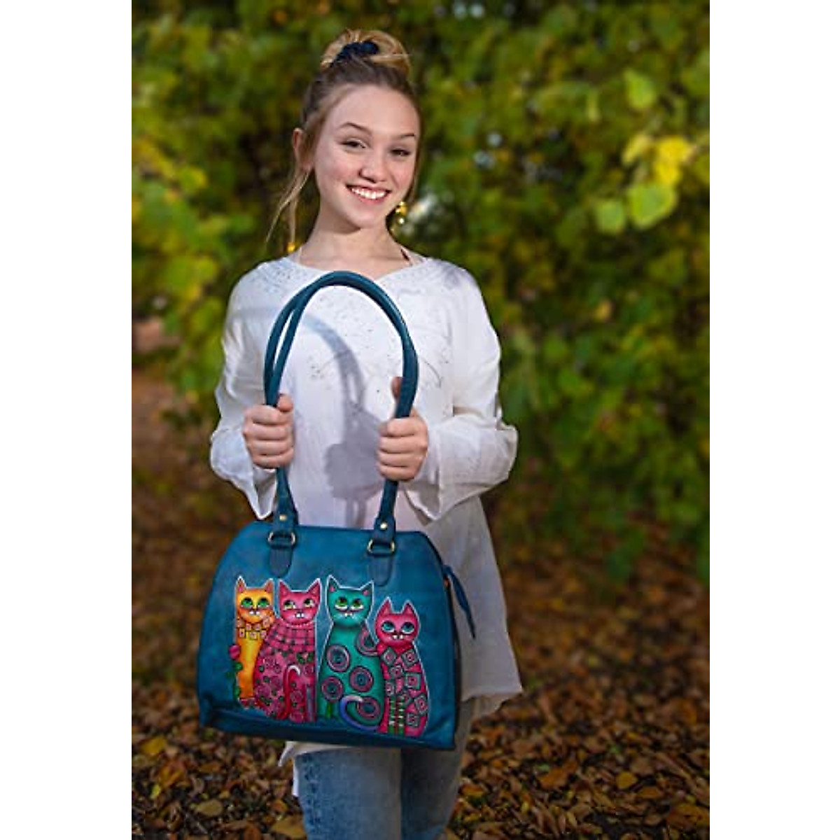 Evi's bags Women's Hand Painted Genuine Leather Handbag - Shoulder Bag - Hobo, by Evi's Bags. Unique, Large, Handmade Purse - Satchel - Tote. Wearable Art - Alley Cat Bag, Multicolor