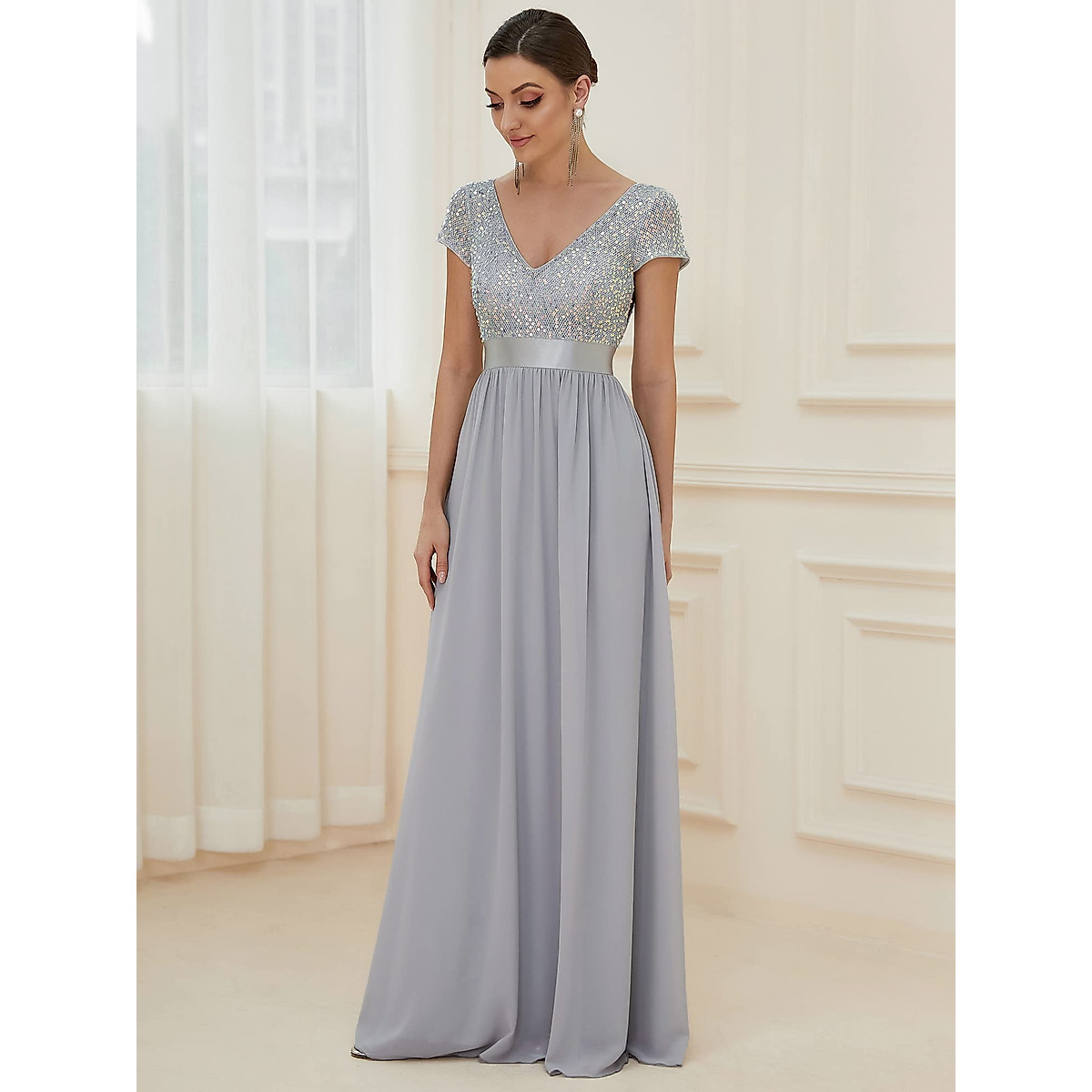 Ever-Pretty Women's Sequin V-Neck A-line Short Sleeves Empire Waist Maxi Evening Party Dress Silver US16