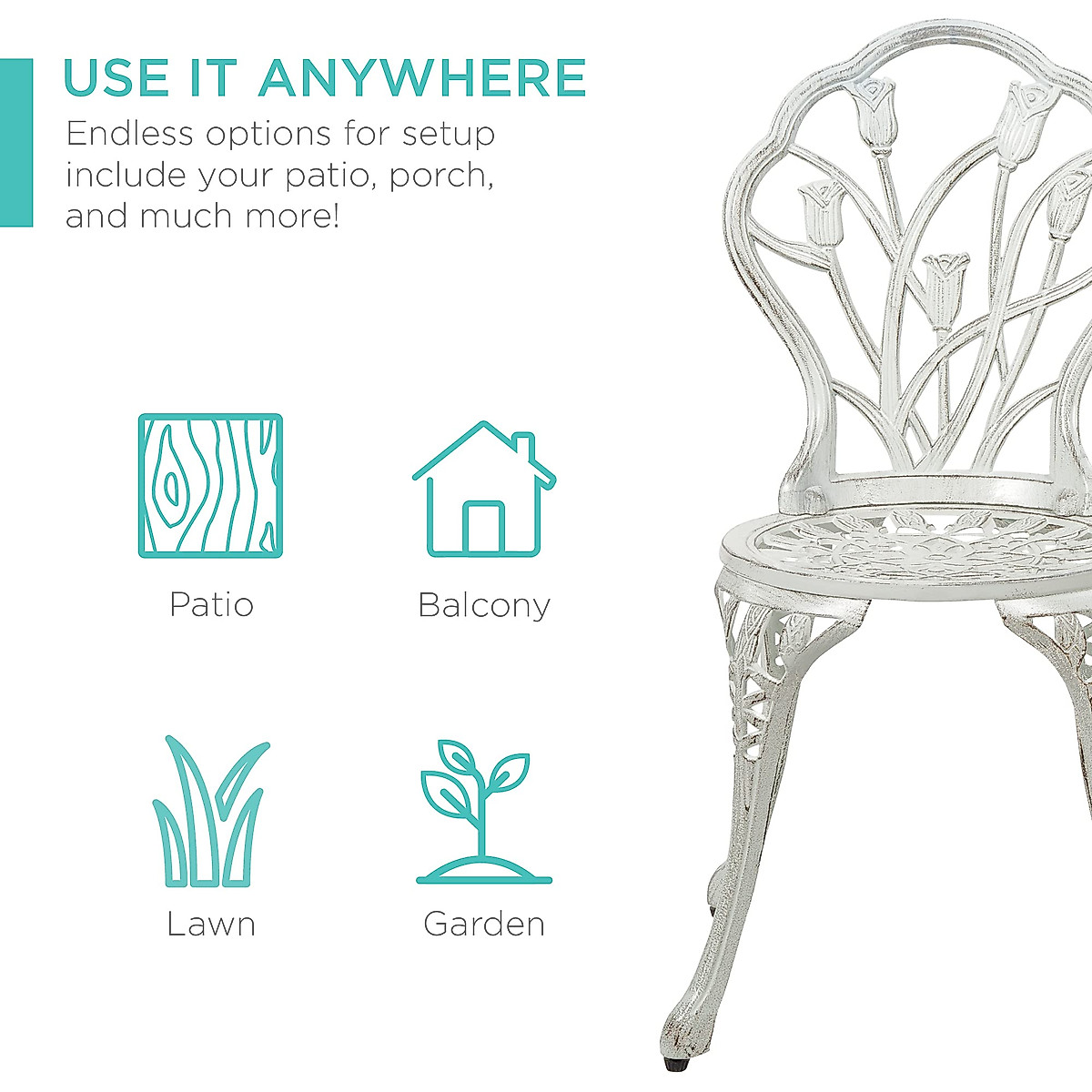 Best Choice Products 3-Piece Outdoor Rust-Resistant Cast Aluminum Patio Bistro Set w/Tulip Design, Antique Finish - White