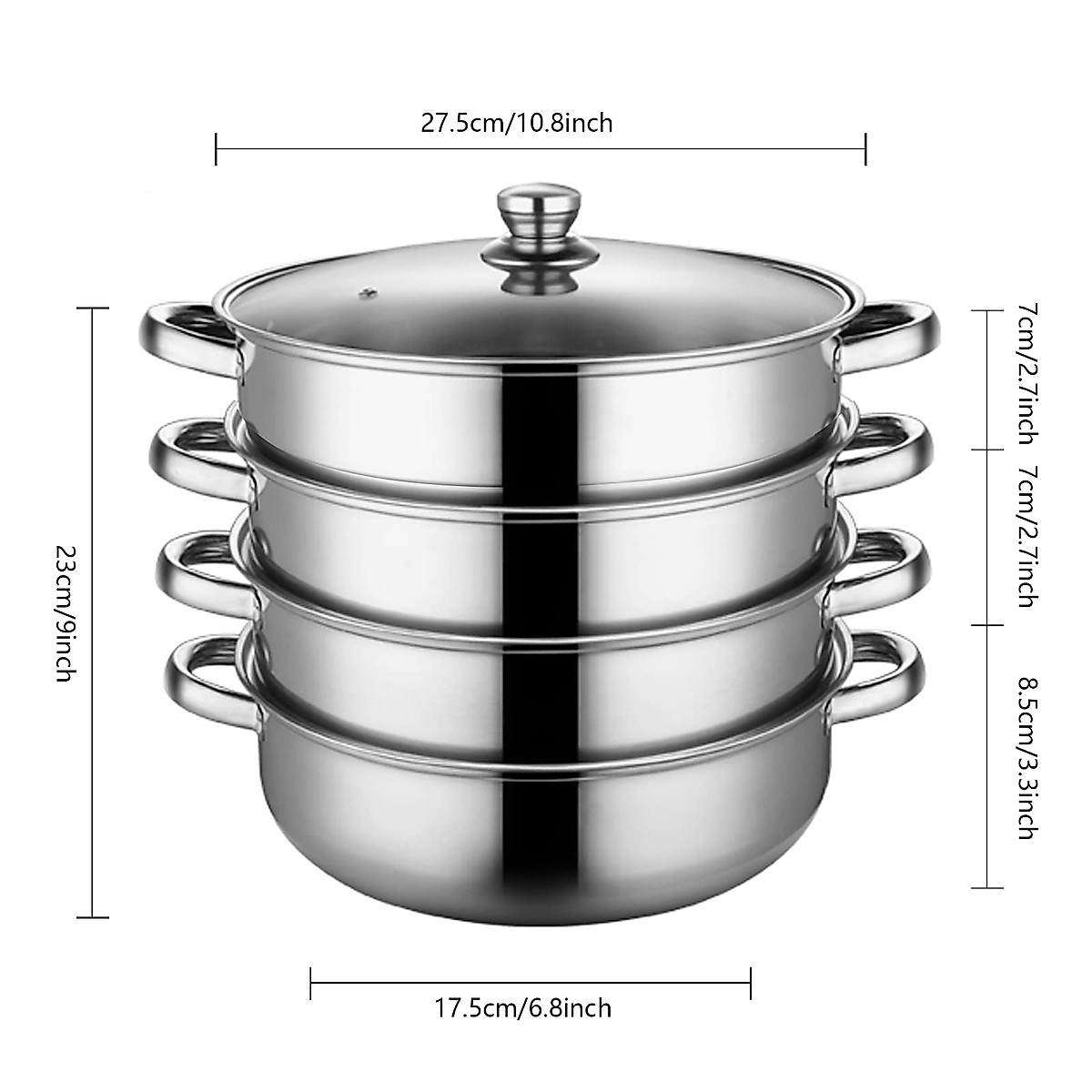 4 Piece Stainless Steel Steamer Pot Set with Glass Lid and handle,for Steamer Cooking,Casserole,Saucepan (4 layer)