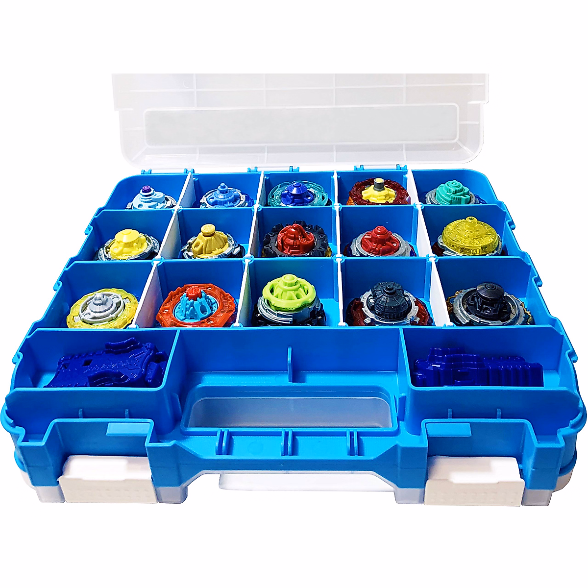 HOME4 Double Sided No BPA Toy Display Storage Container Box - Compatible with Mini Toys, Small Dolls, Tools Beyblade - Heavy Duty Organizer Carrying Case - 34 Adjustable Compartments (Blue)