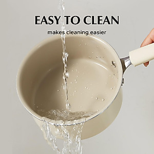 Redchef Ceramic Nonstick Saucepan with Lid, 3QT Small Cooking Pot, Non Toxic Sauce Pans for Kitchen, Cool Handle PFAS Free Compatible with All Cooktops, White