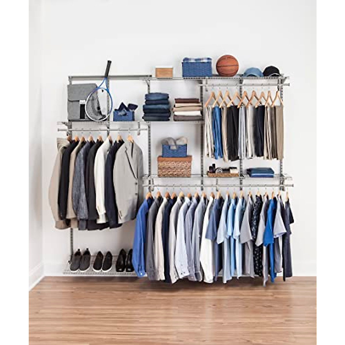 ClosetMaid ShelfTrack Wire Closet Organizer System, Adjustable from 5 to 8 Ft., with Shelves, Clothes Rods, Shoe Shelf, Hardware, Durable Steel, Nickel