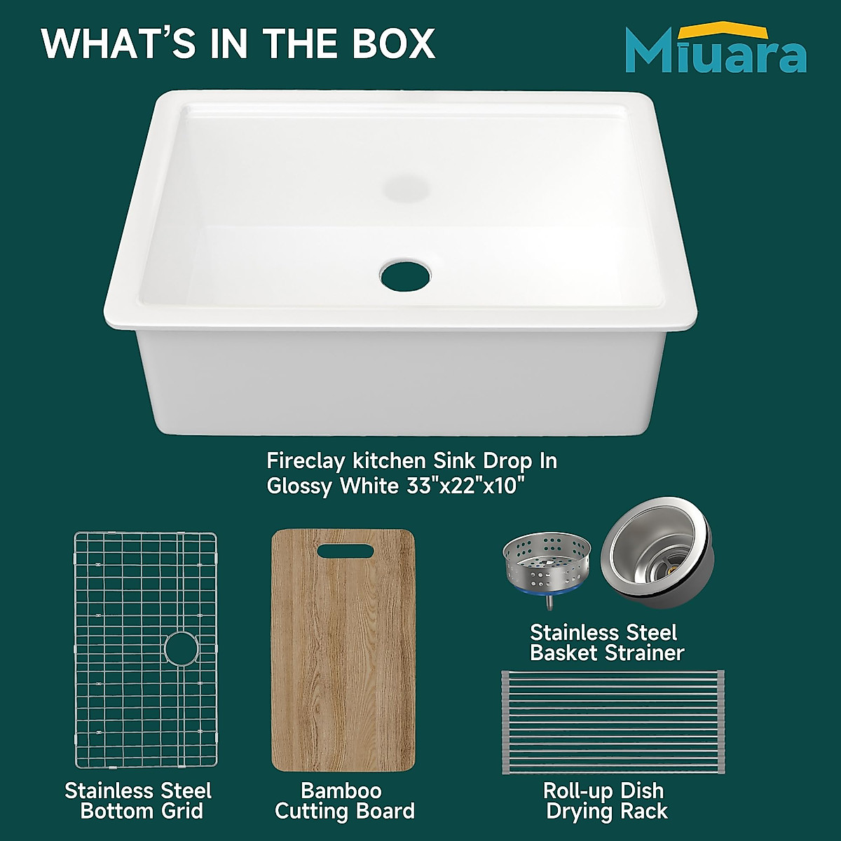 Miuara White Workstation Kitchen Sink 33 Inch - Large Undermount Kitchen Sink 33"x22", 9" Deep White Kitchen Sink Drop In, Single Bowl Topmount Fireclay Sink for Kitchen, with 4 Custom Accessories