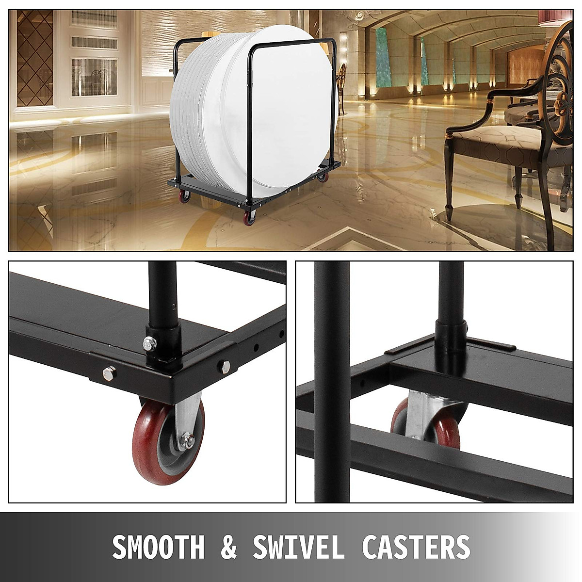 Happybuy Folding Table Cart Black Table Rack for 60" Round Tables Heavy Duty Table Trolley Black Desk Trolley Steel Frame Rolling Casters Party Event Hotel Furniture 10 Table Capacity