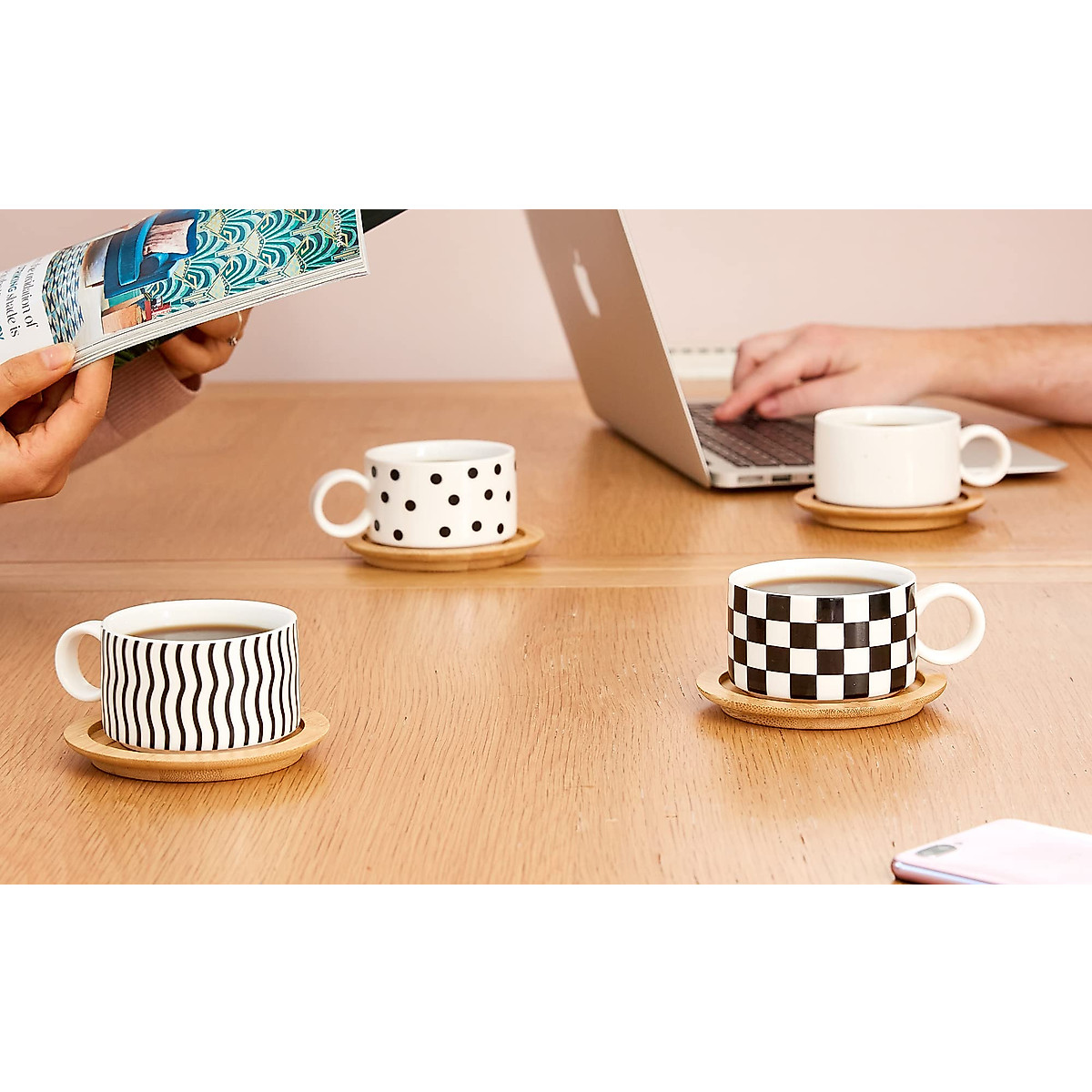 SUPERLY Stackable Espresso Cups Set of 4 - Espresso Mugs with Wooden Saucers, Metal Stand - Durable Porcelain Espresso Cup - Easy To Clean, Dishwasher-Safe - Modern Coffee, Latte, Tea Mug Set - 6 Oz