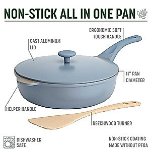 Goodful All-in-One Pan, Multilayer Nonstick, High-Performance Cast Construction, Multipurpose Design Replaces Multiple Pots and Pans, Dishwasher Safe Cookware, 11-Inch, 4.4-Quart Capacity, Blue Mist