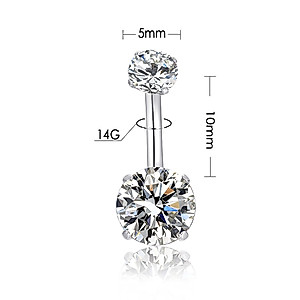 HQLA 14G Belly Button Rings Surgical Stainless Steel Round Cubic Zirconia Navel Barbell Stud Body Piercing (Clear)
