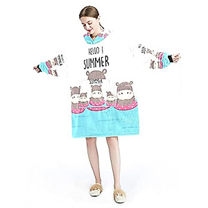 Wearable Blanket Hoodie,Oversized Hooded for Women,Comfy Sweatshirt Hello Summer Cute Hippo-01