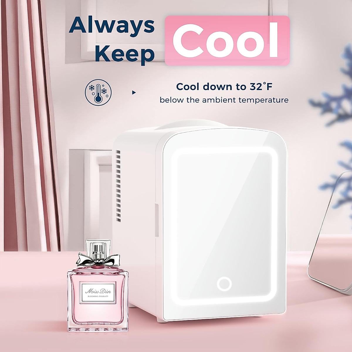 Antarctic Star Makeup Compact Refrigerator with LED Mirror, 4L Mini Fridge, Skin Care, for Bedroom, Car, Office & Dorm, Portable Small Cooler for Cosmetics, White