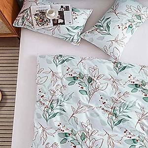 ETDIFFE Floral Duvet Cover Queen Size, 3 Piece Farmhouse Leaves Botanical Garden Pattern Microfiber Comforter Cover Set, Soft and Lightweight Reversible Quilt Cover with Zipper, Green and White