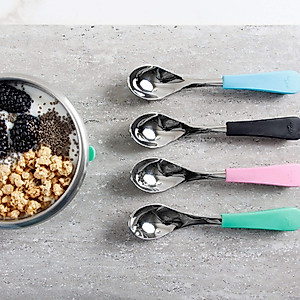 Avanchy Baby Spoons and Forks Stainless Steel and Silicone Set, Self Feeding Food Utensils, 4 Months Baby Led Weaning, 2 Pack, Green Spoon, Fork