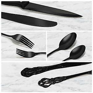24 Pieces Black Silverware Set for 4, Stainless Steel Flatware Set Serving include Spoon Forks Knives, Kitchen Utensils Set, Tableware Cutlery Set with Steak Knives For Home Kitchen Restaurant Hotel