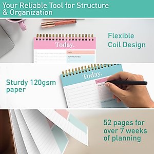S&O Daily Planner Notepad for Productivity - 52 Page Office To Do List - Undated Coiled Note paper Organizer - Spiral Desk Notebook Perfect for Setting Goals, Task Planning and Organisation - Set of 4