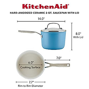 KitchenAid Hard Anodized Ceramic Nonstick Cookware Sauce Pan with Lid, 3 Quart, Blue Velvet