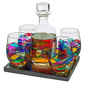 The Wine Savant Artisanal Hand Painted Glassware Gift for Mom, Wife, Friend - Artisanal Barcelona Hand Paint Whiskey & Wine Decanter Set, Renaissance Romantic Stain-glasses- Gift Multicolor
